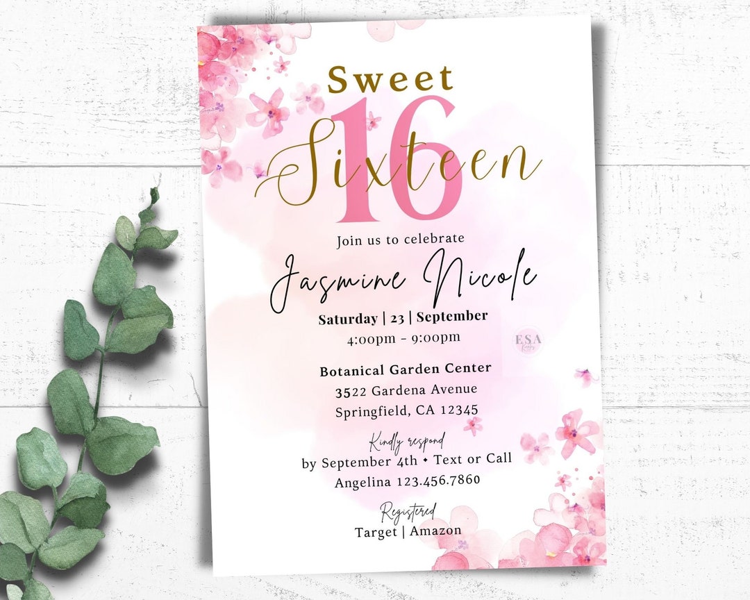 Sweet 16 Invitation Template: Minimalist Floral Design (canva Editable ...