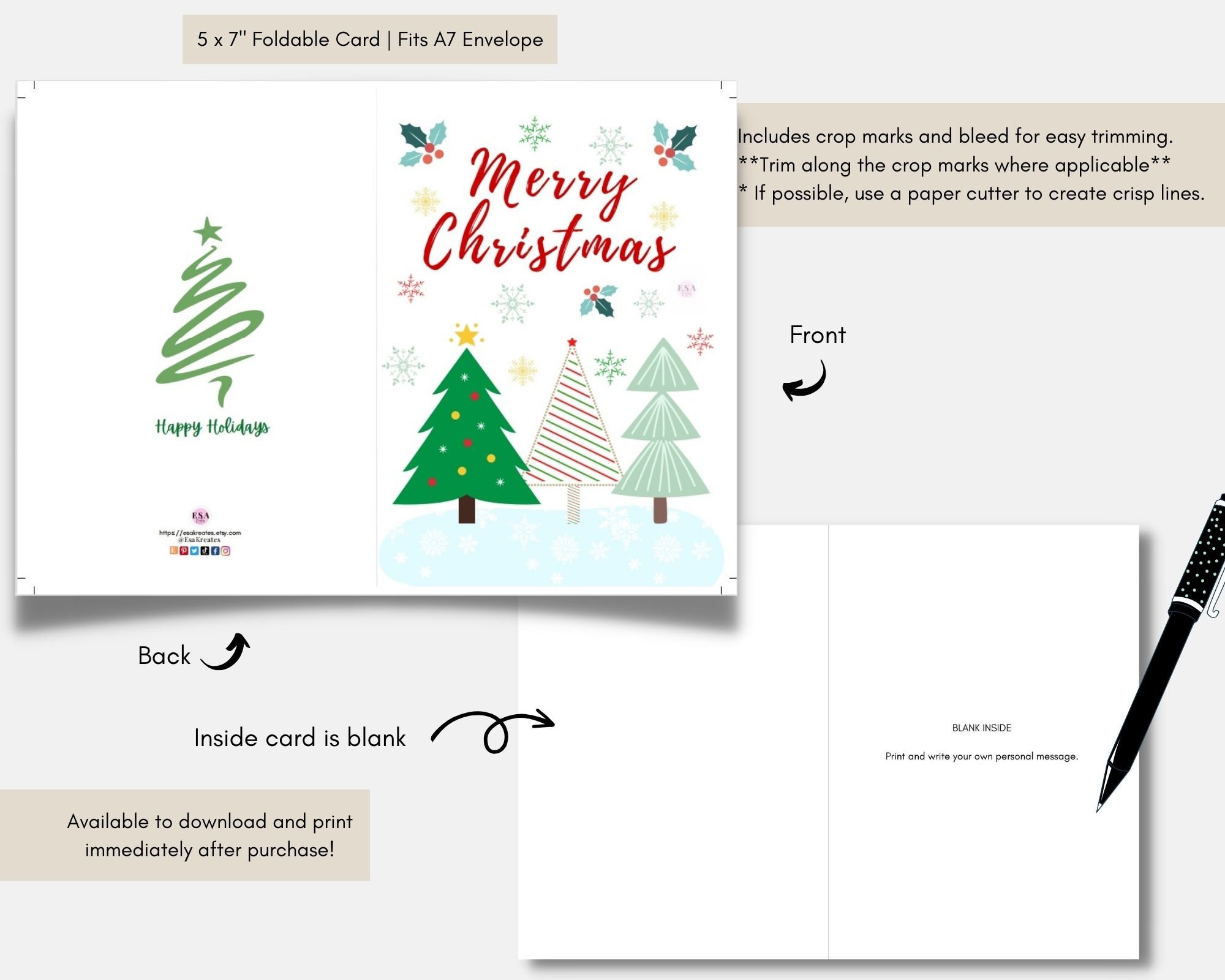 Merry Christmas Card, Printable Christmas Tree Card, Christmas Greeting ...