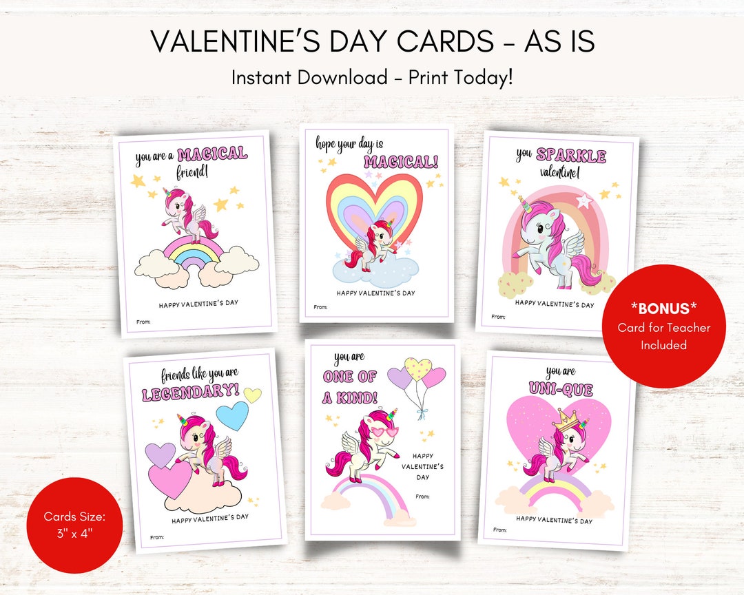 Unicorn Valentine Cards, Valentines Card for Kids Classroom, Unicorn ...