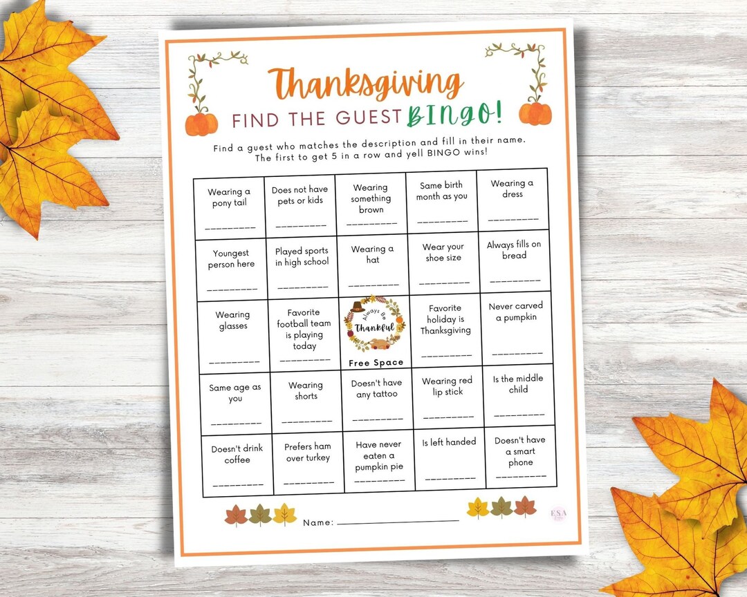 Thanksgiving Bingo Find the Guest Game, Thanksgiving Printable Games ...