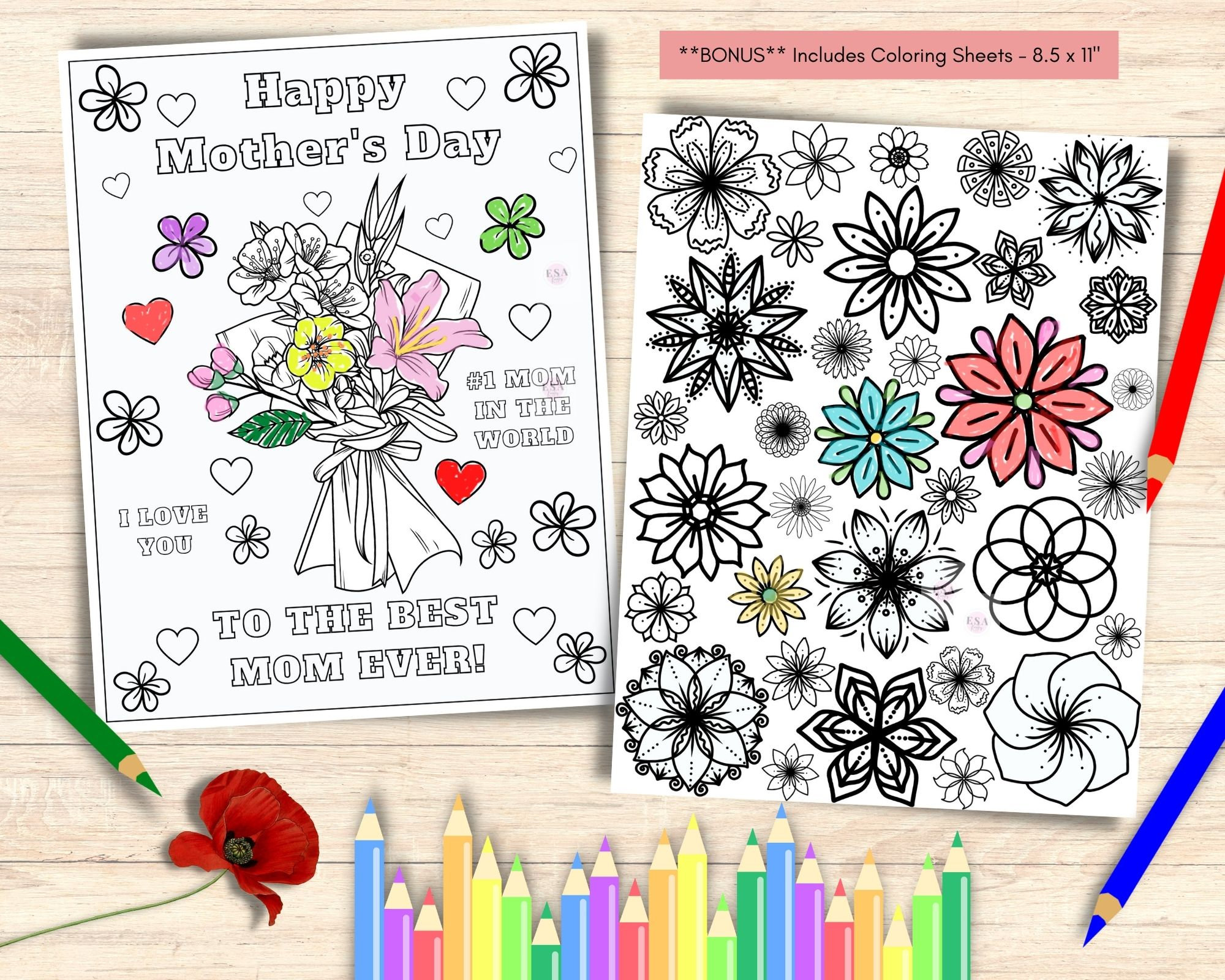Printable Mothers Day Coloring Card for Kids, Mom Questionnaire and ...