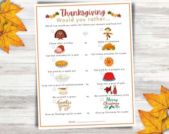 Thanksgiving would You Rather Printable Game, Fall Activity for Kids ...