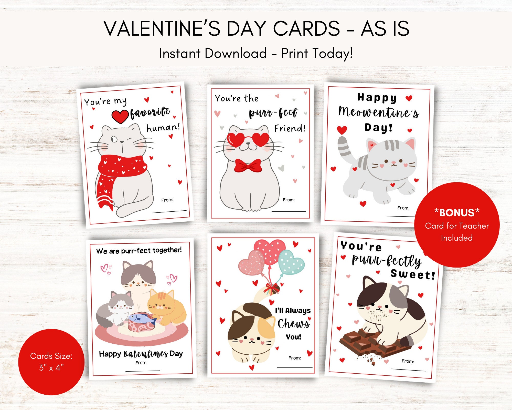 Cat Valentine Card, Valentines Day Card for Kids, Cat Valentine Tag ...