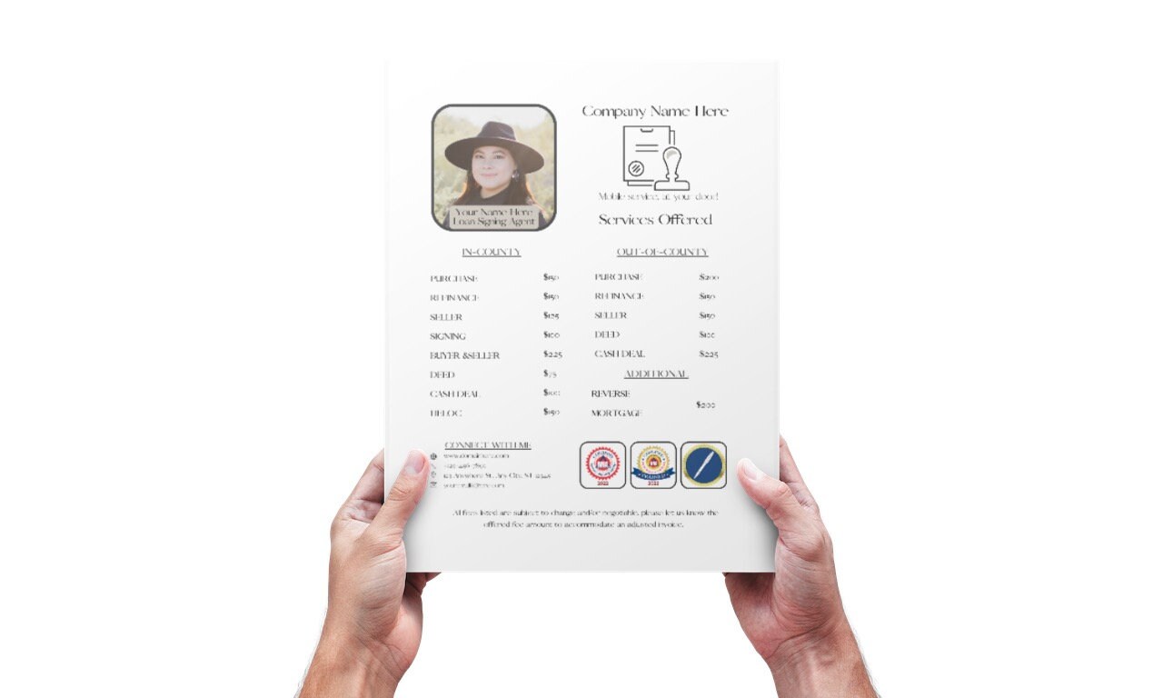 Notary | Loan Signing Agent | Brochure Price List | Simple Template - Etsy