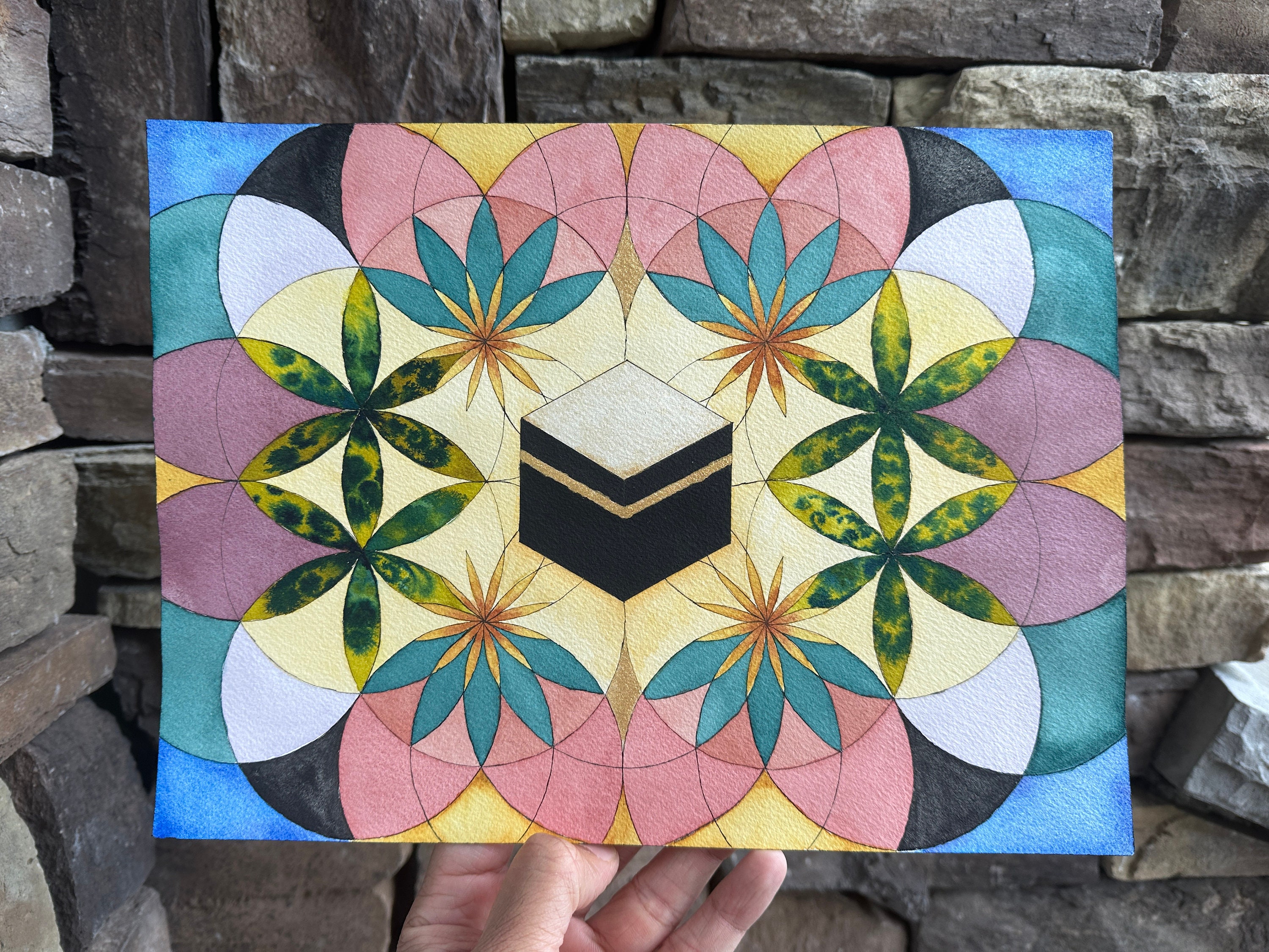 Kaaba - Islamic Sacred Geometric Pattern - Original Handmade Watercolor ...