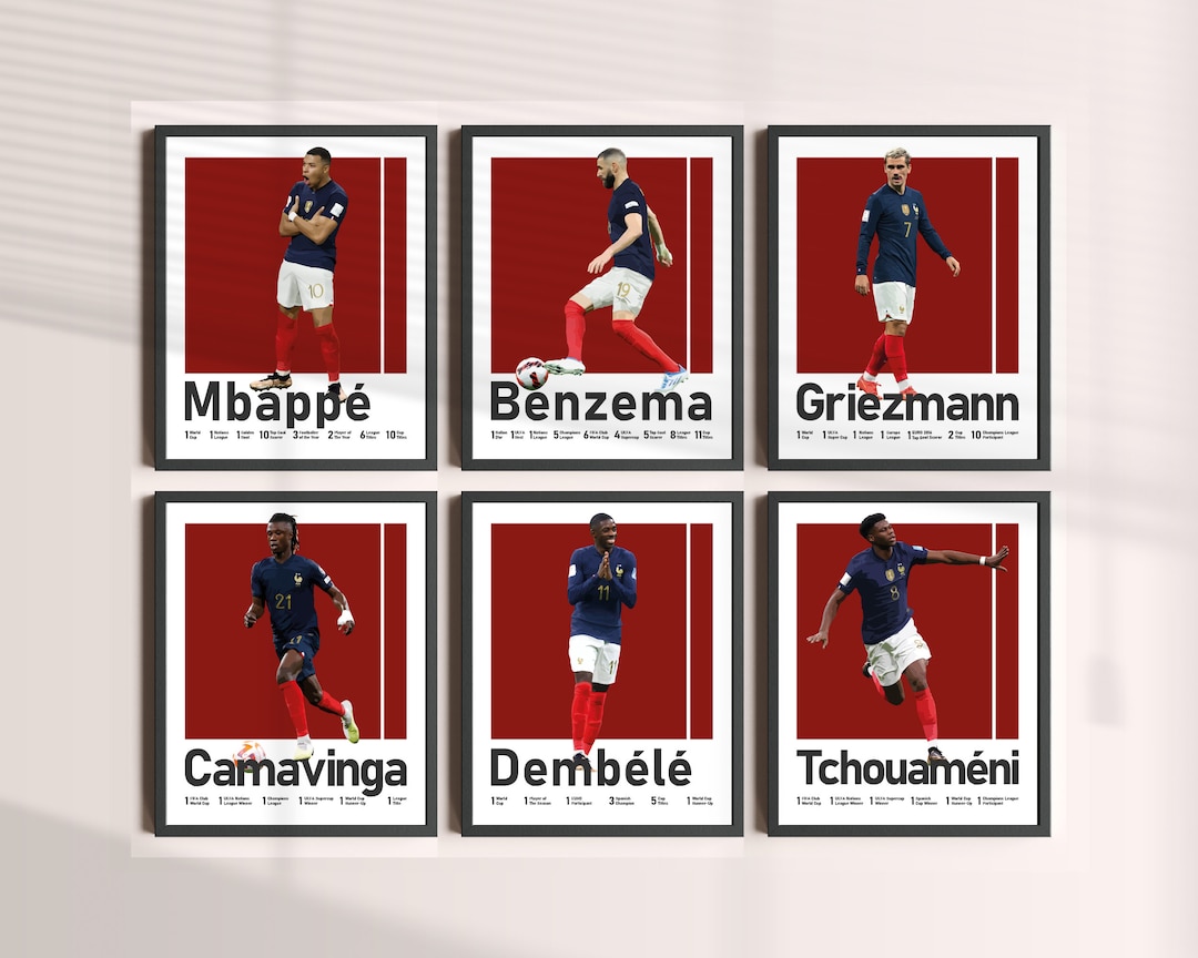 French Football Team Posters, Mbappe, Benzema, Griezmann, Set of 6 ...