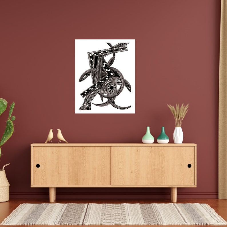 Three-headed Hydra Checkered Pattern Art Print, Pen and Ink Drawing ...