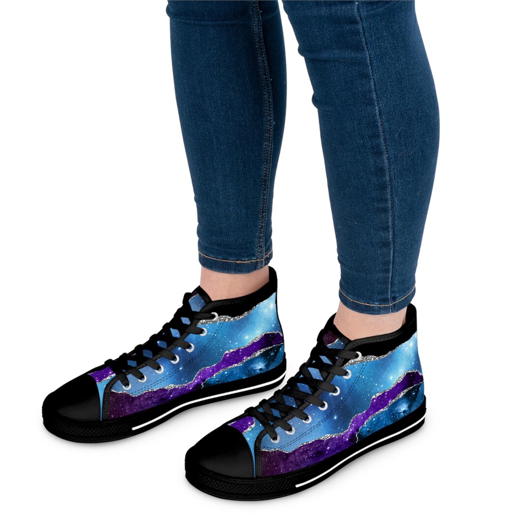 Galaxy Print High Tops, Black Space Converse Style Sneakers, Women's ...