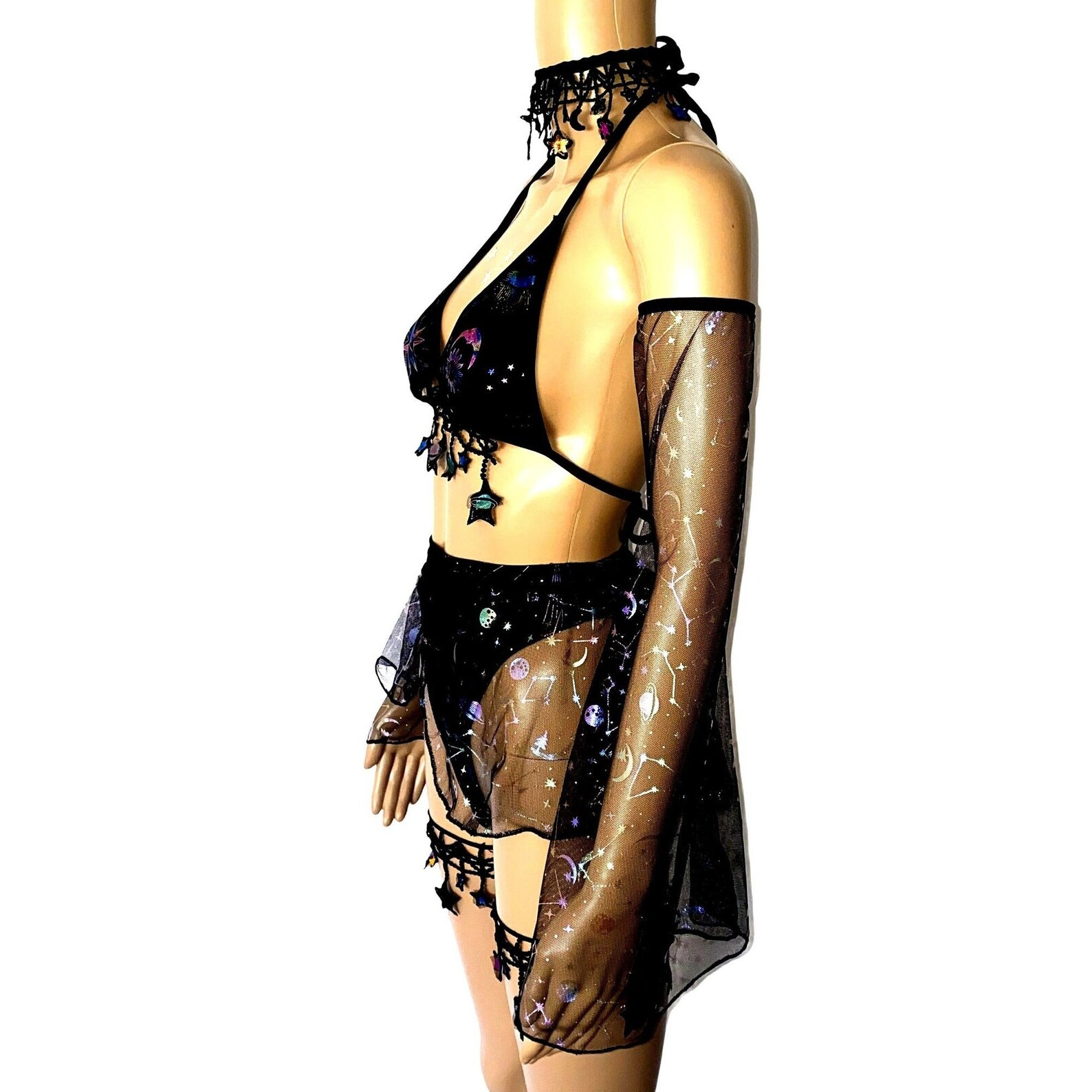 Constellations Stars and Moons Galaxy Celestial Rave Festival Outfit Arm Warmers Mesh Skirt ...