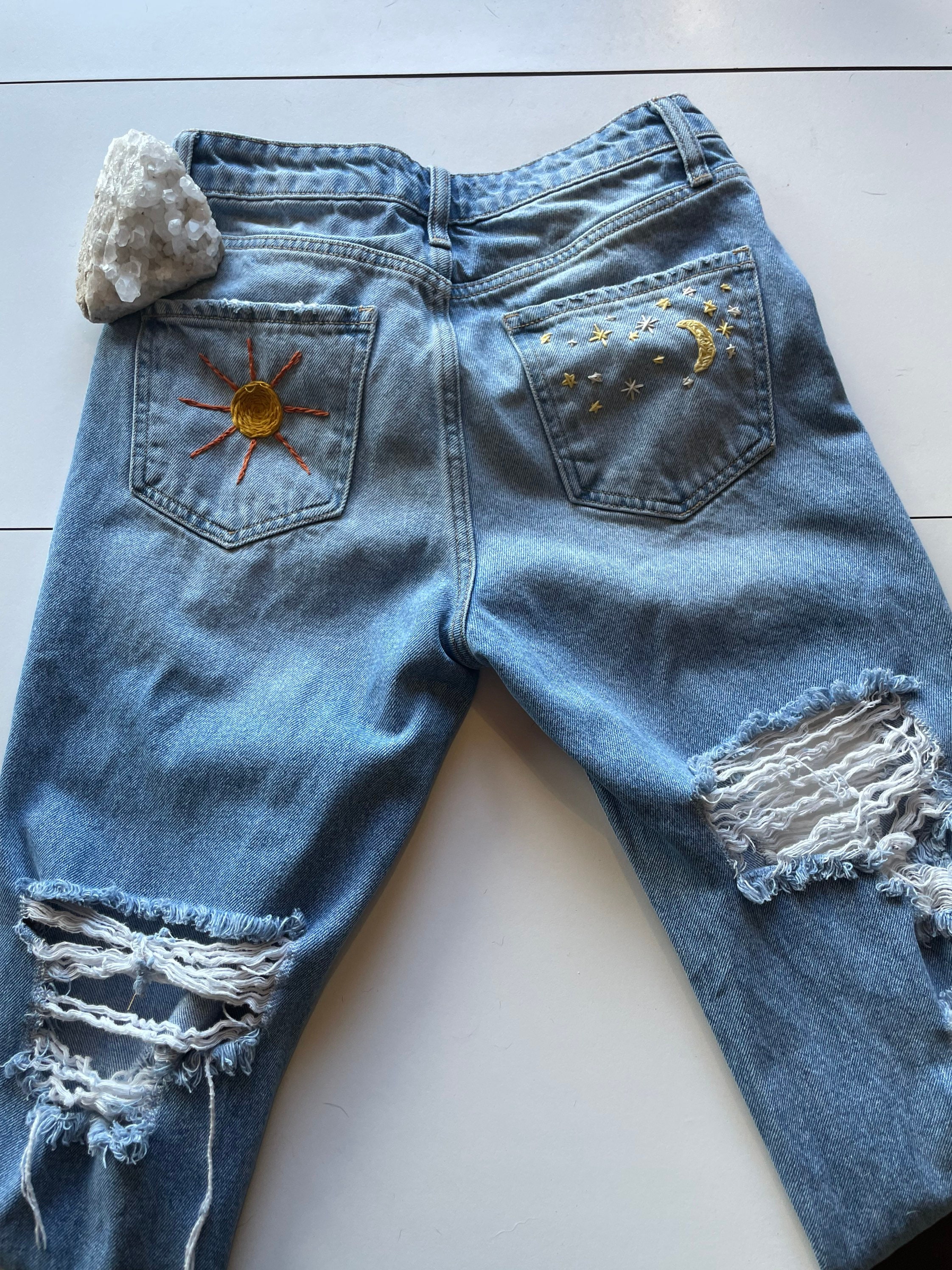 Embroidered Sun Moon and Stars Denim - Etsy