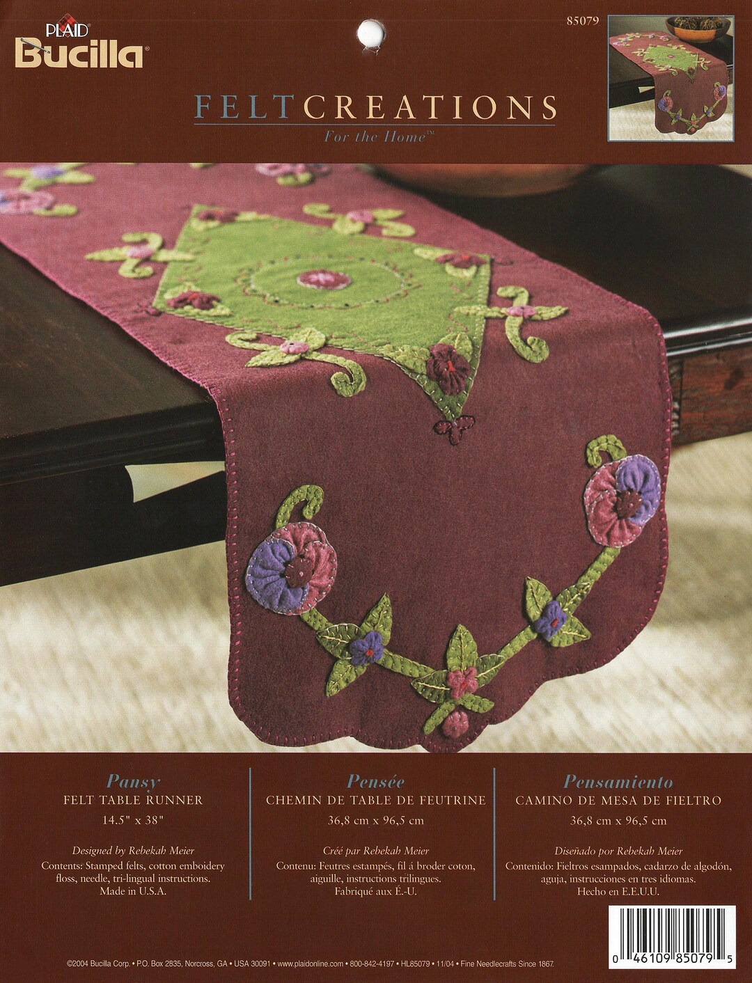 Bucilla "pansy" Felt Applique Embroidered Table Runner Kit 85079 ...