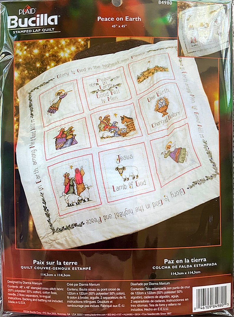 Bucilla "peace on Earth" Stamped Cross Stitch Christmas Theme Lap Quilt ...