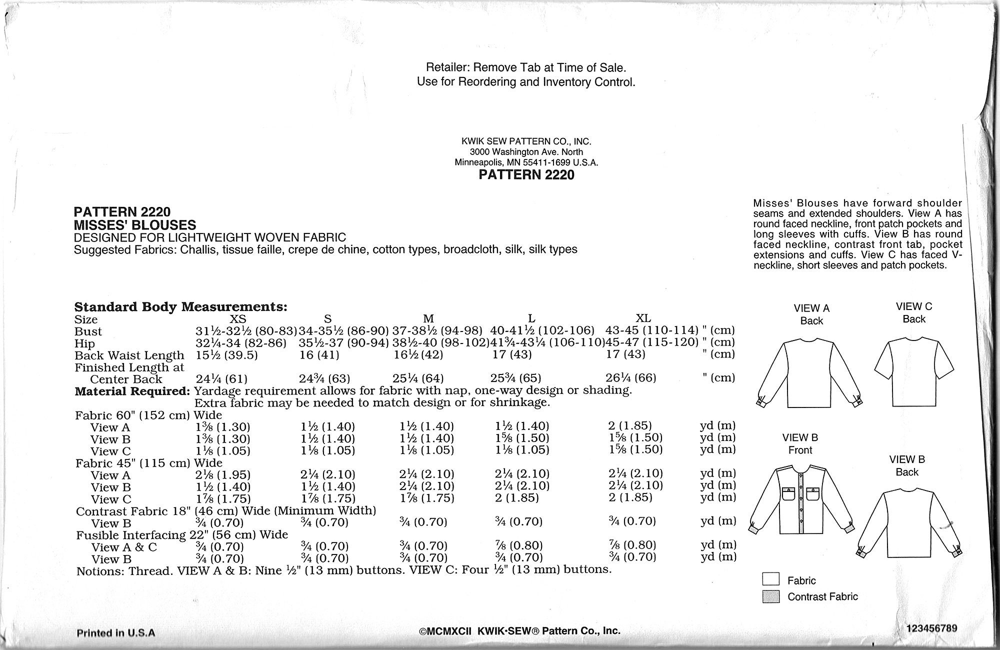 Kwik Sew 2220 Pretty Blouse Pattern: Round or V Neck, Long or Short ...