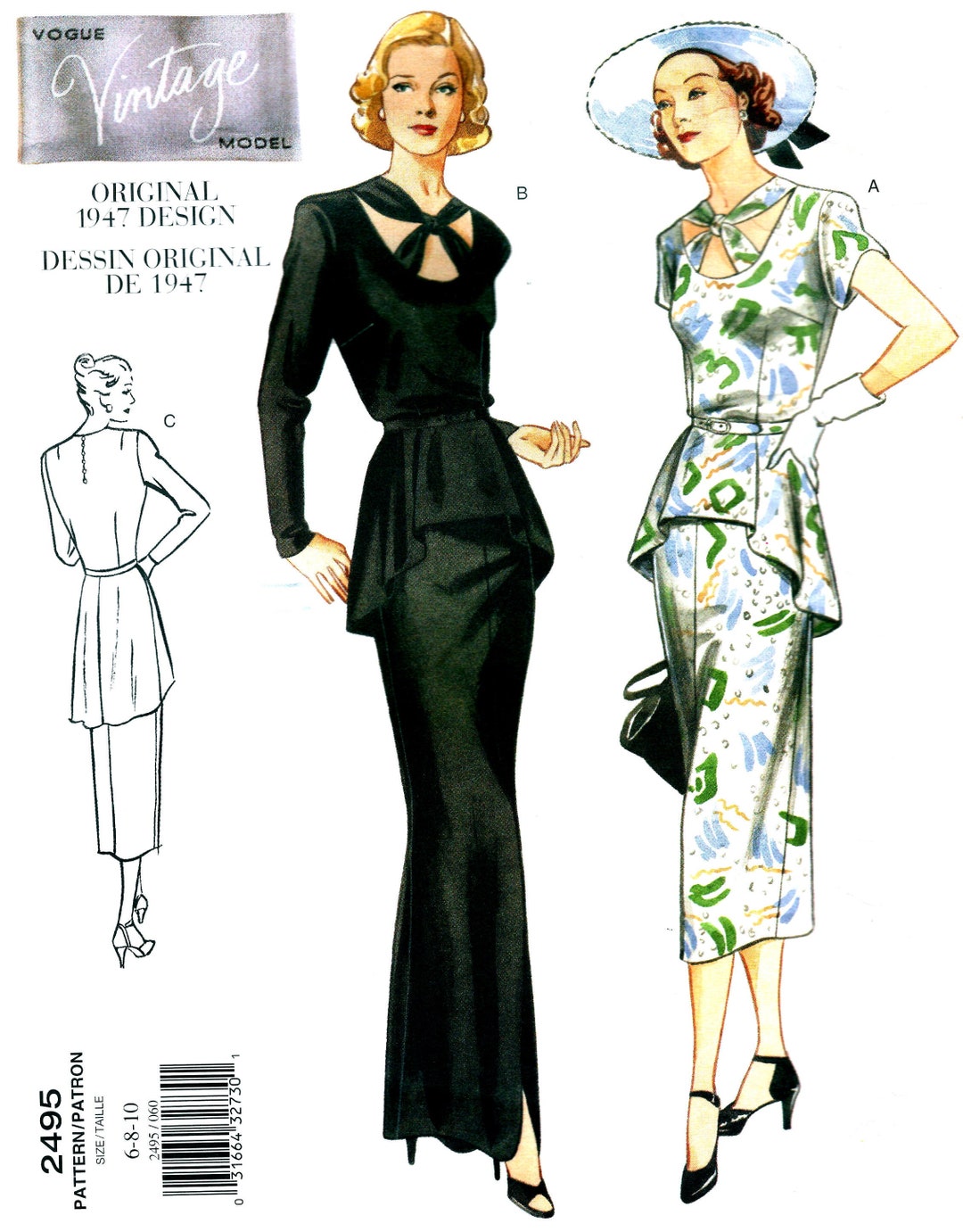 Vogue 2495 Vintage Look Dress With Peplum, Design From 1947 - Sizes 6 ...