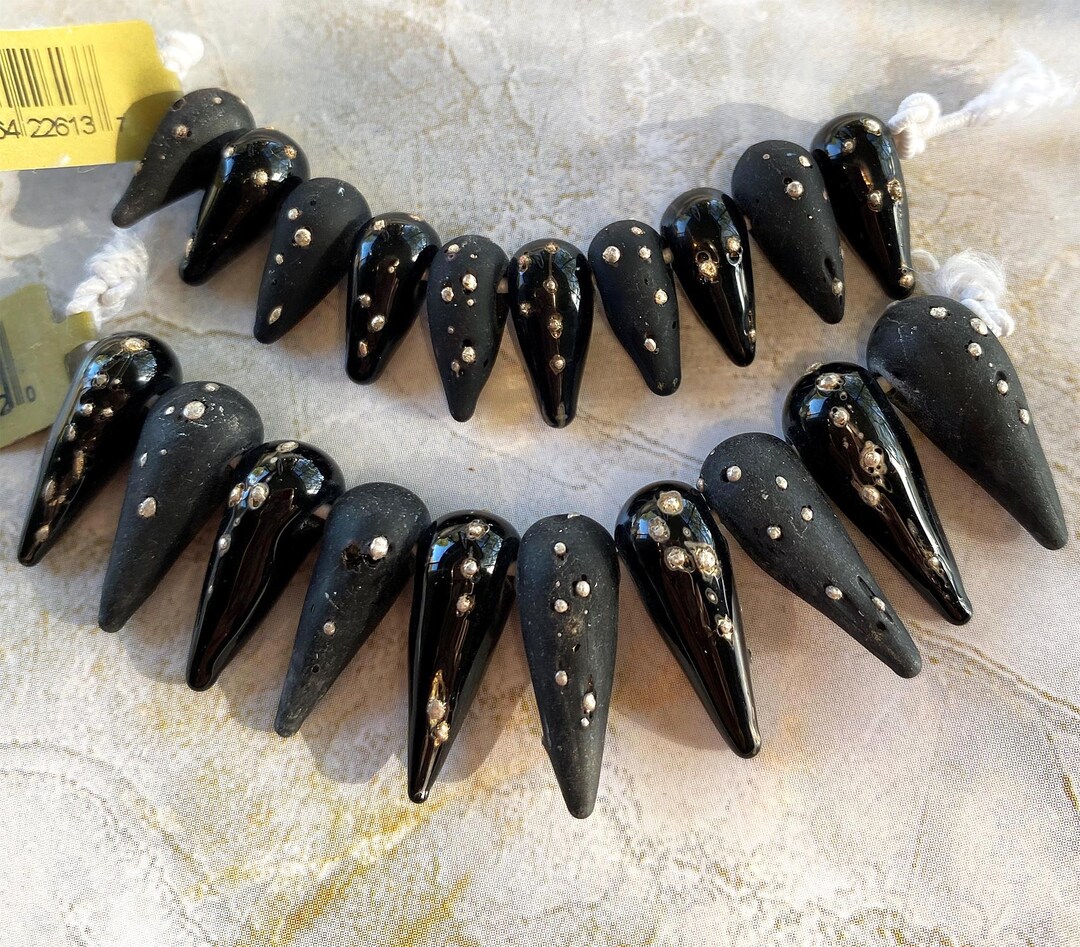 Volcanic Black Glossy and Etched Combination Spike Beads With Metallic ...
