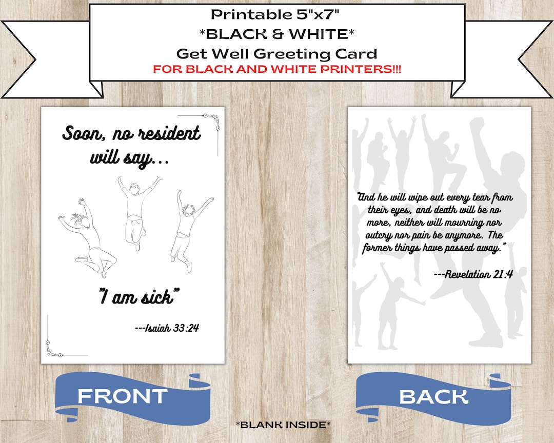 JW Get Well BLACK & WHITE Printable Greeting Card - Digital Download ...
