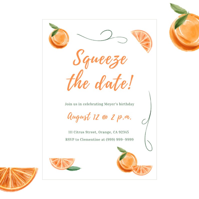 Printable Orange Birthday Invitation | Squeeze the Date Invitation ...