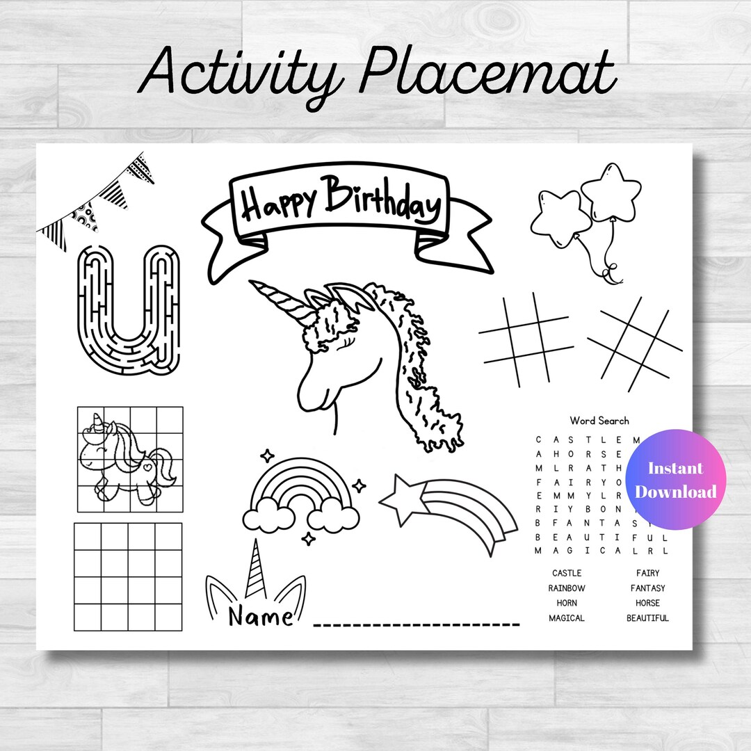 Unicorn Activity Placemat, Birthday Party Activity Sheet, Unicorn ...