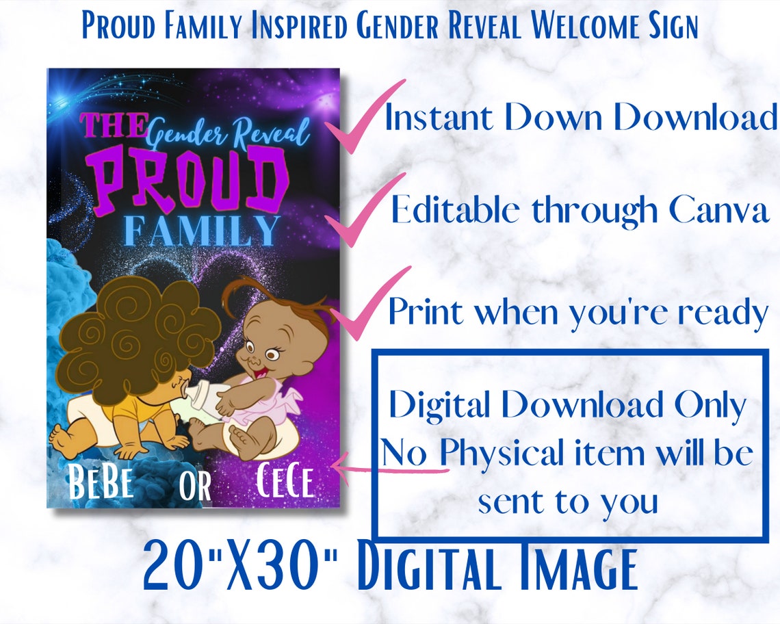 Proud Family Gender Reveal Bebe Cece Purple and Blue Baby Welcome Sign ...