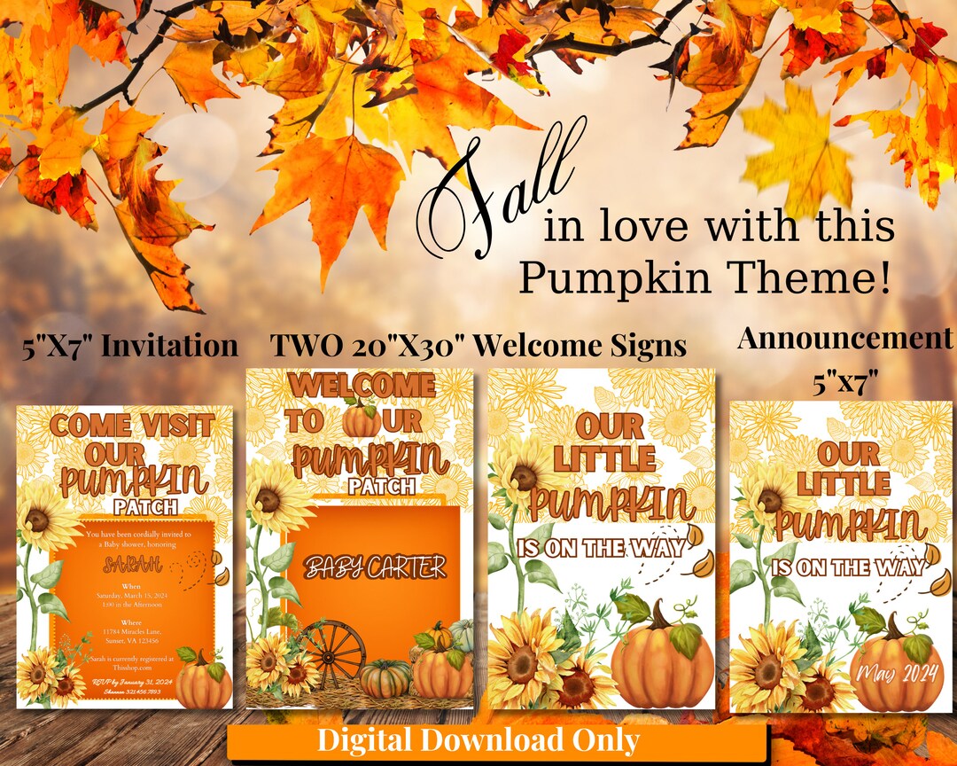 Fall Pumpkin Theme Baby Shower BUNDLE Welcome Sign Announcement Diaper ...