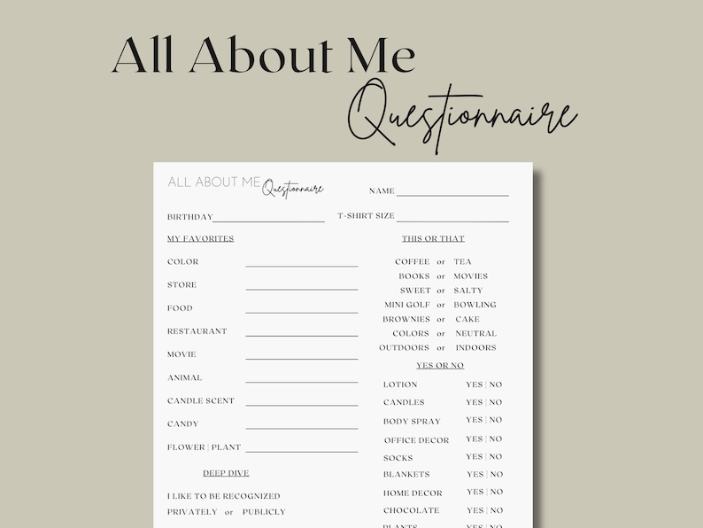 All About Me | Get to Know Me Questionnaire | Coworker Questions ...