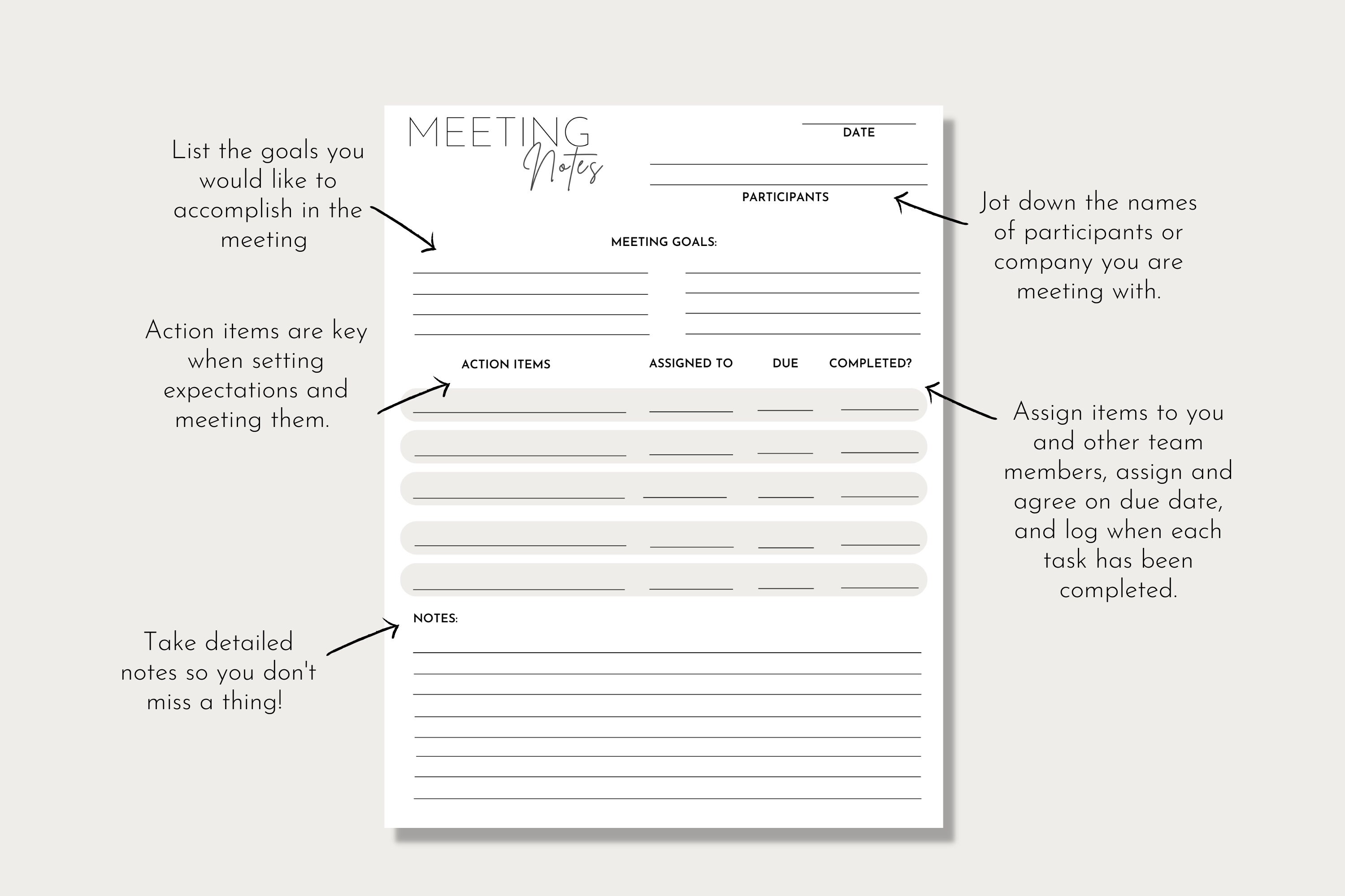 Meeting Note Template | Digital | PDF Printable | - Etsy