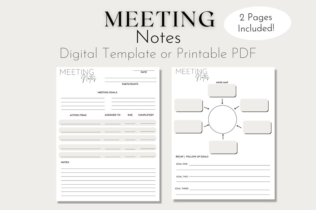 Meeting Note Template | Digital | PDF Printable | - Etsy