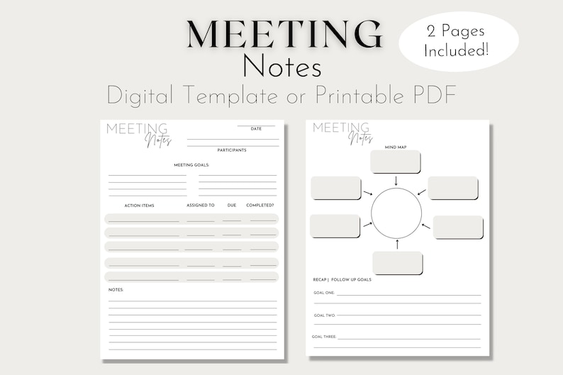 Meeting Note Template | Digital | PDF Printable | - Etsy