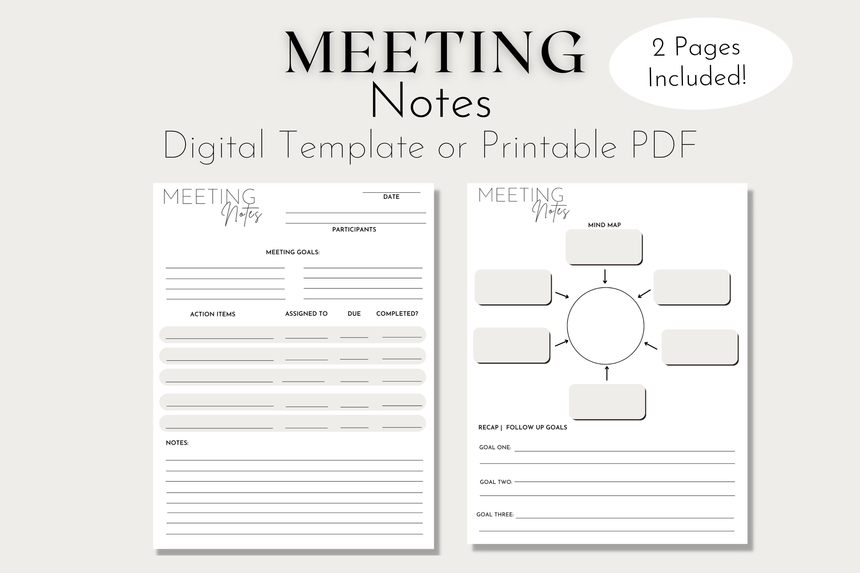 Meeting Note Template | Digital | PDF Printable | - Etsy