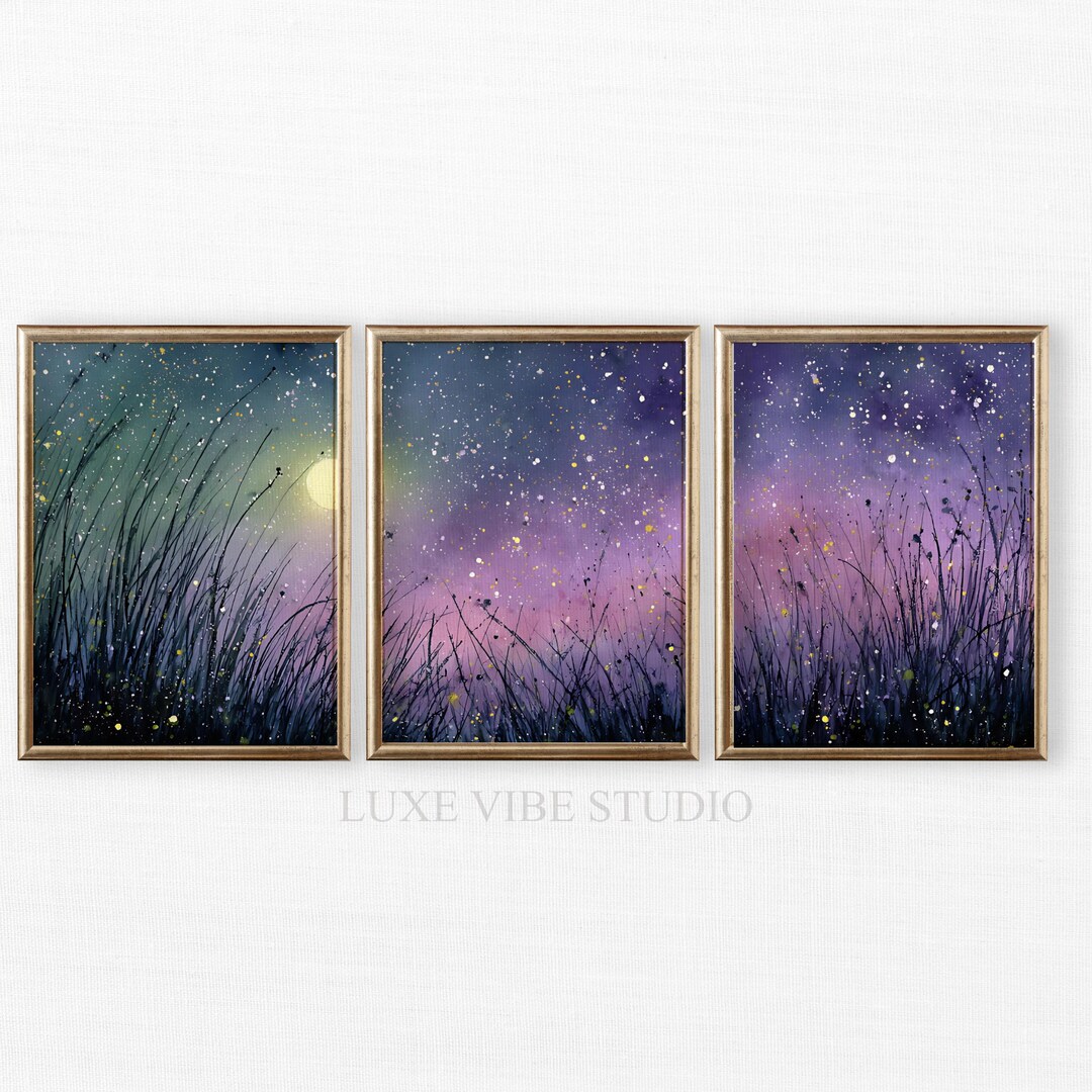 Starry Meadow 3 Piece Wall Art Set, Triptych Botanical Prints, Night ...