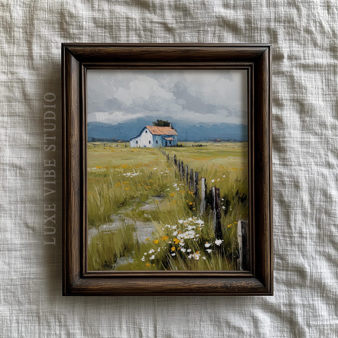 Rustic Farmhouse in Grassy Field Printable - Classic Cottagecore Art ...