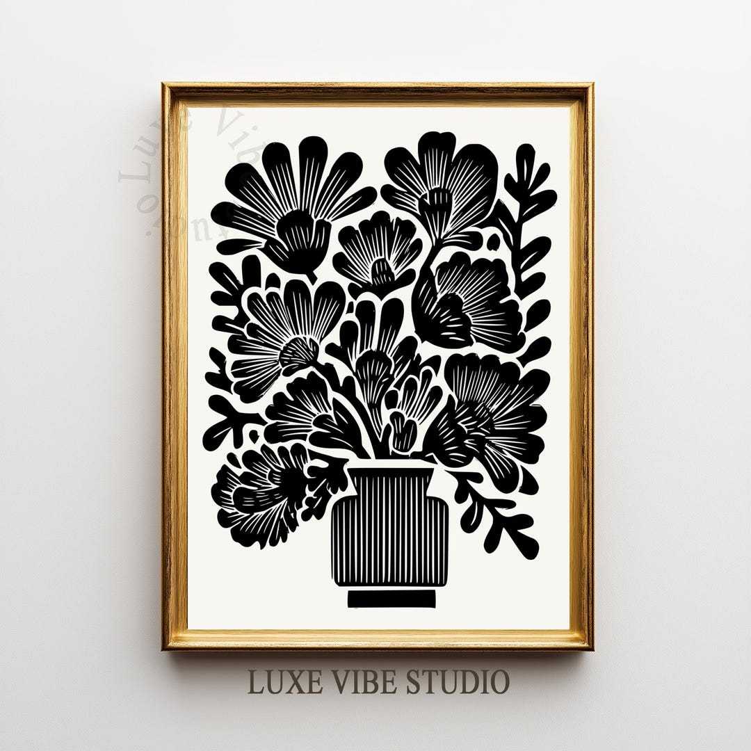 Modern Wildflower Linocut Print - Bold Minimalist Bouquet, Black and ...
