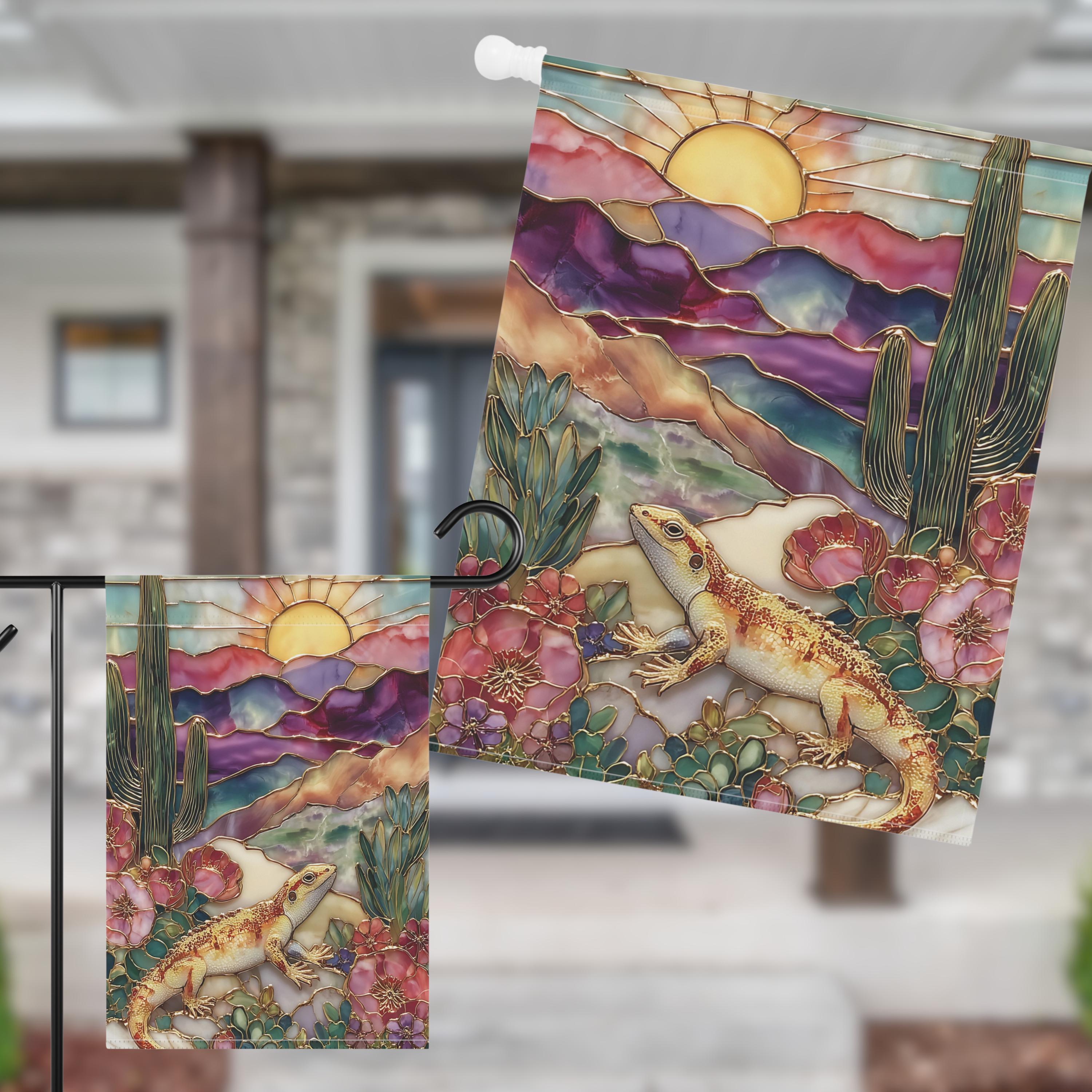 Stained Glass Desert Lizard Porch Flag , Southwest Cactus Garden Flag ...