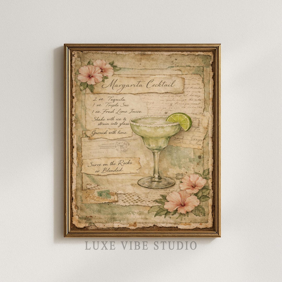 Vintage Margarita Poster Printable, Cocktail Recipe Wall Art, Home Bar ...