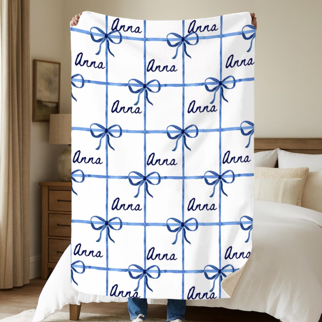 Personalized Blue Coquette Bow Baby Girl Blanket, Soft Custom Name Crib ...