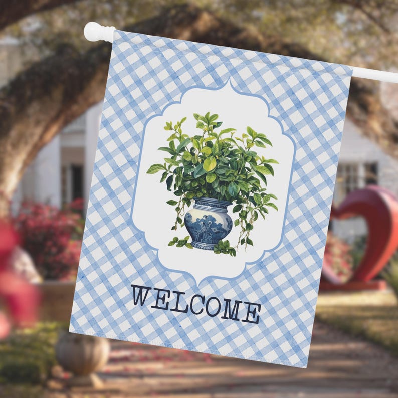 Welcome Preppy Chinoiserie Porch Flag: Blue Plaid Garden Decoration ...