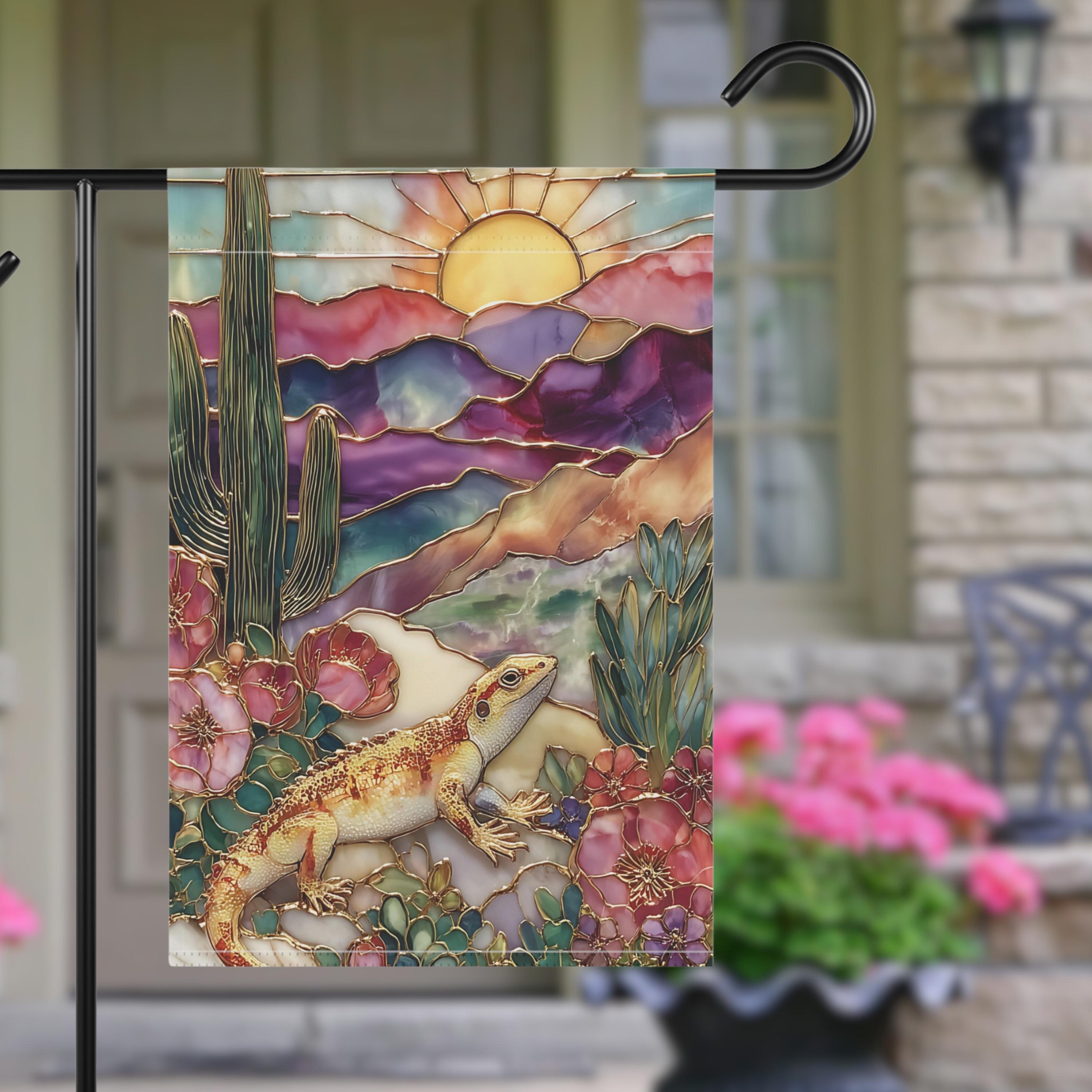 Stained Glass Desert Lizard Porch Flag , Southwest Cactus Garden Flag ...