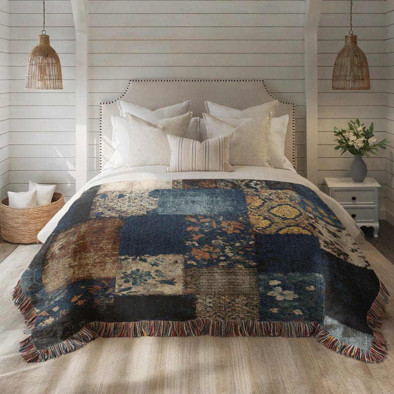 Farmhouse Patchwork Woven Blanket, Cottagecore Cotton Tapestry Throw ...