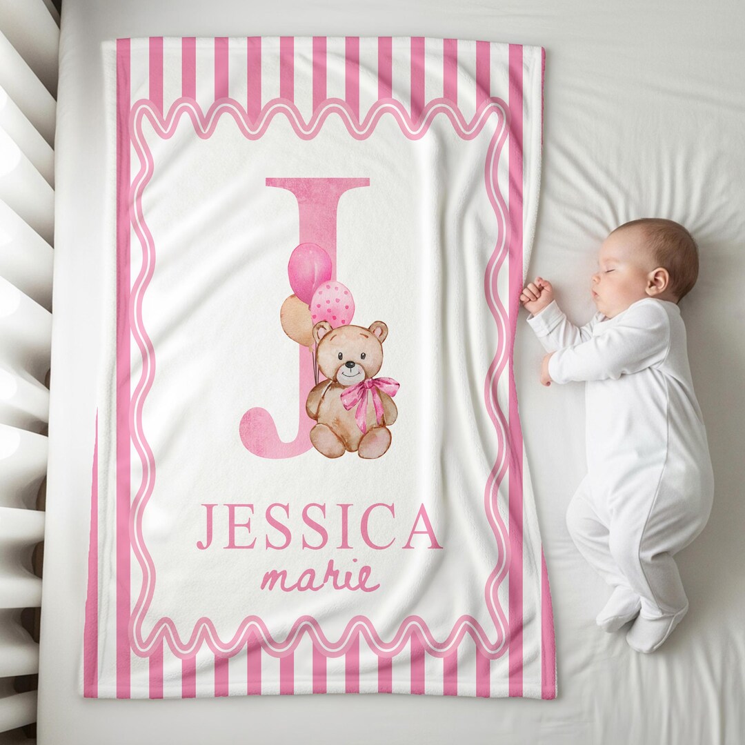 Personalized Pink Coquette Teddy Bear Baby Blanket, Soft Custom Name ...