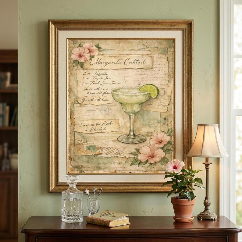 Vintage Margarita Poster Printable, Cocktail Recipe Wall Art, Home Bar ...