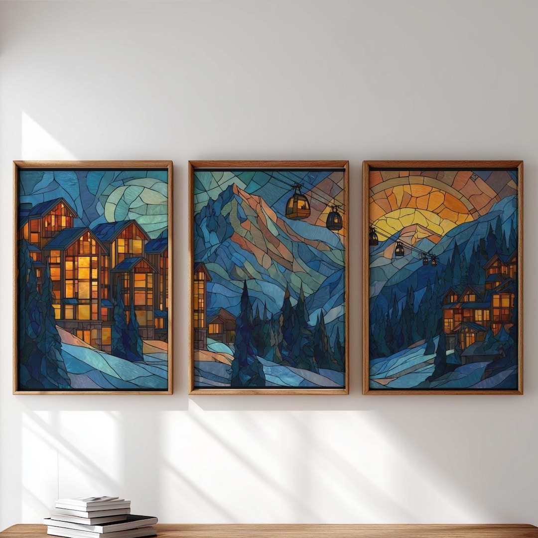 Luxury Alpine Après-ski Triptych Wall Art, Cozy Stained-glass Style ...