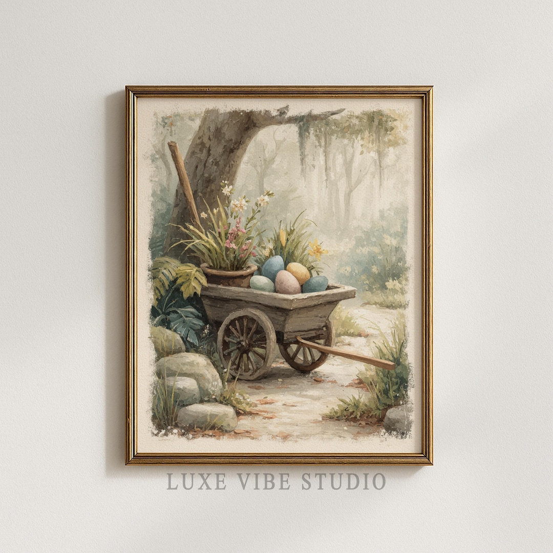 Rustic Easter Wheelbarrow With Pastel Eggs - Vintage Cottagecore Spring ...