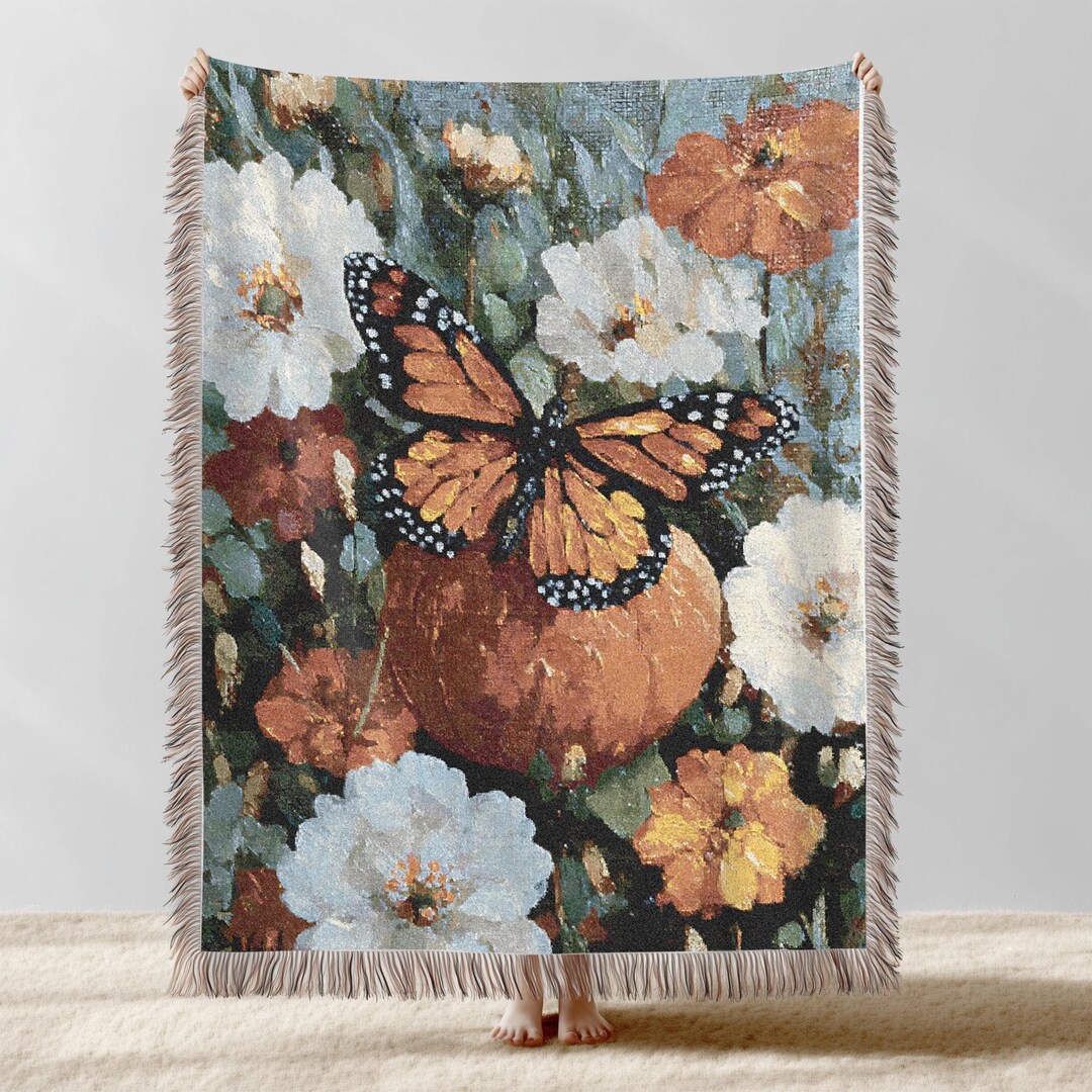 Monarch Butterfly Woven Blanket, Pumpkin Throw, Vintage Woven Wall ...