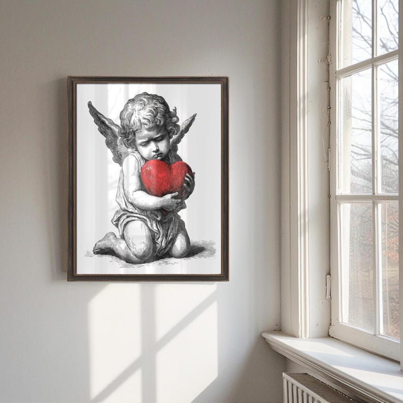 Moody Cherub With Red Heart Art, Gothic Romantic Angel Print, Vintage ...