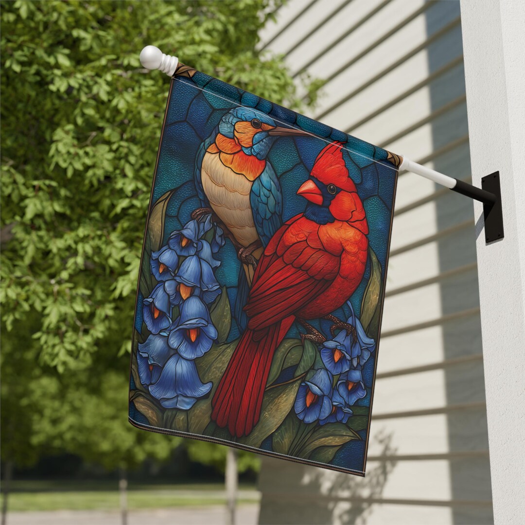 Stained Glass Hummingbird Cardinal Garden Flag: Botanical Garden ...