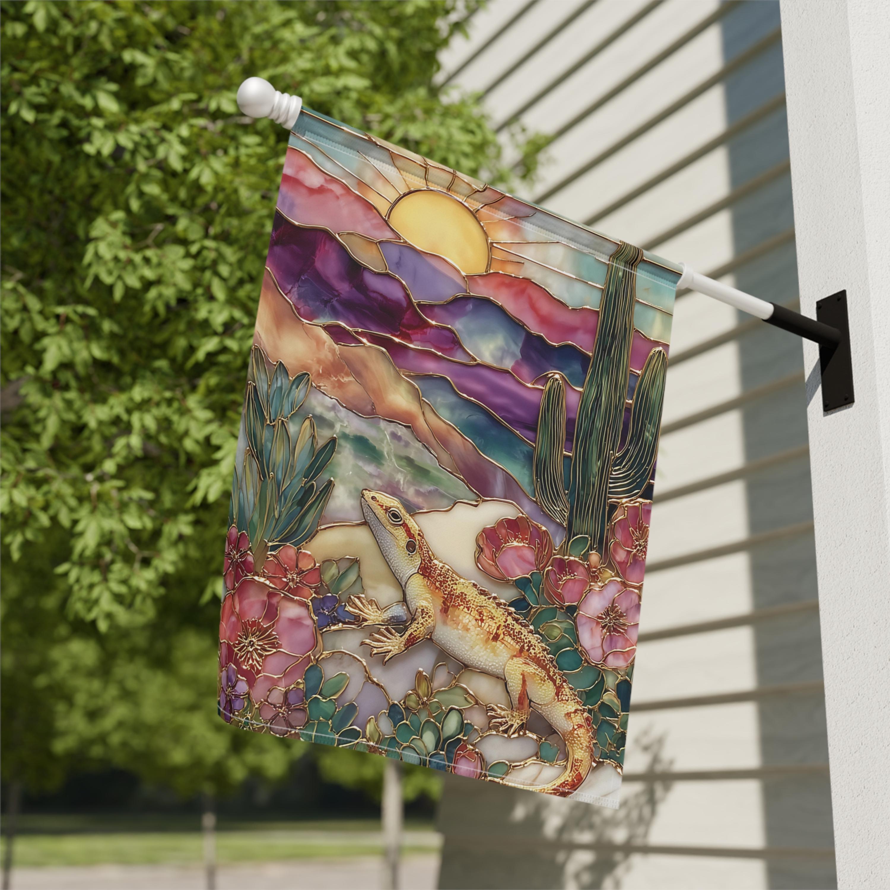 Stained Glass Desert Lizard Porch Flag , Southwest Cactus Garden Flag ...