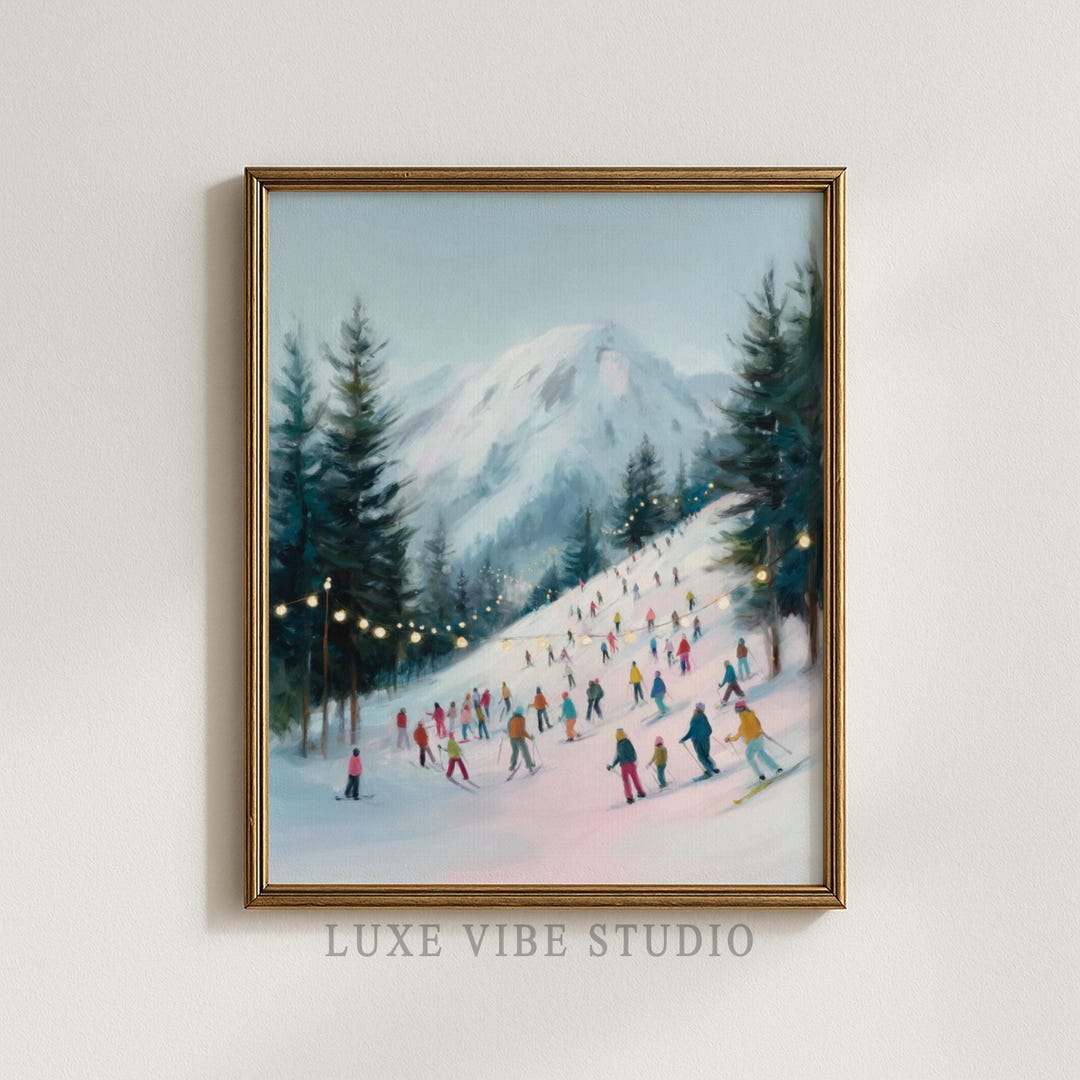 Winter Skiing Scene With Snowboarders - Cozy Watercolor Holiday ...