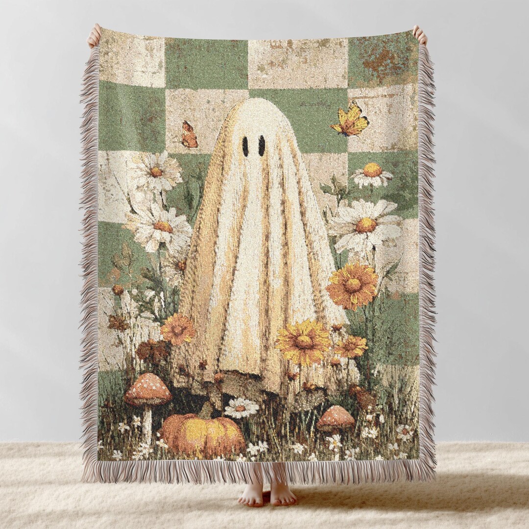 Cute Cottagecore Ghost Woven Blanket, Cozy Retro Boho Nature Gift ...
