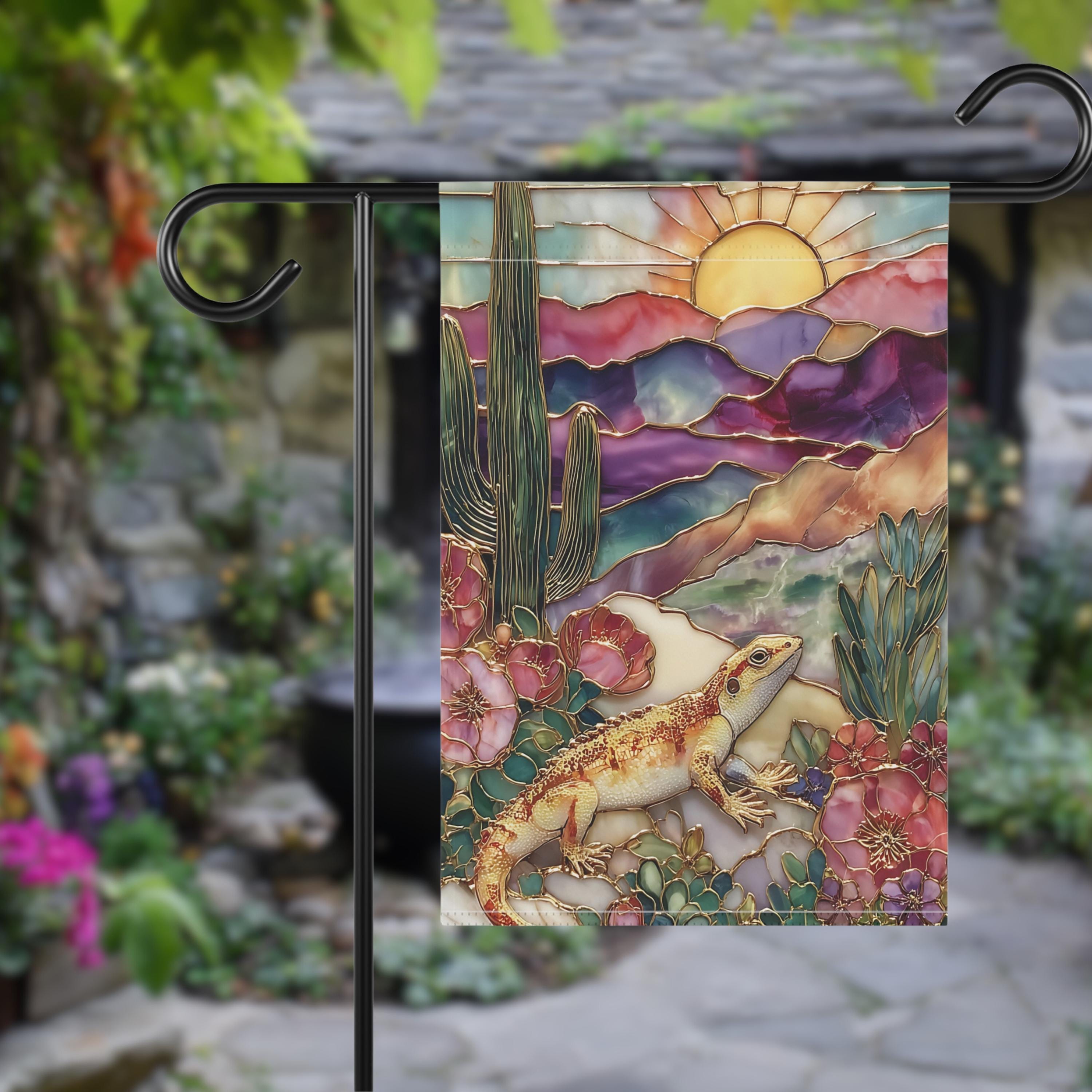 Stained Glass Desert Lizard Porch Flag , Southwest Cactus Garden Flag ...