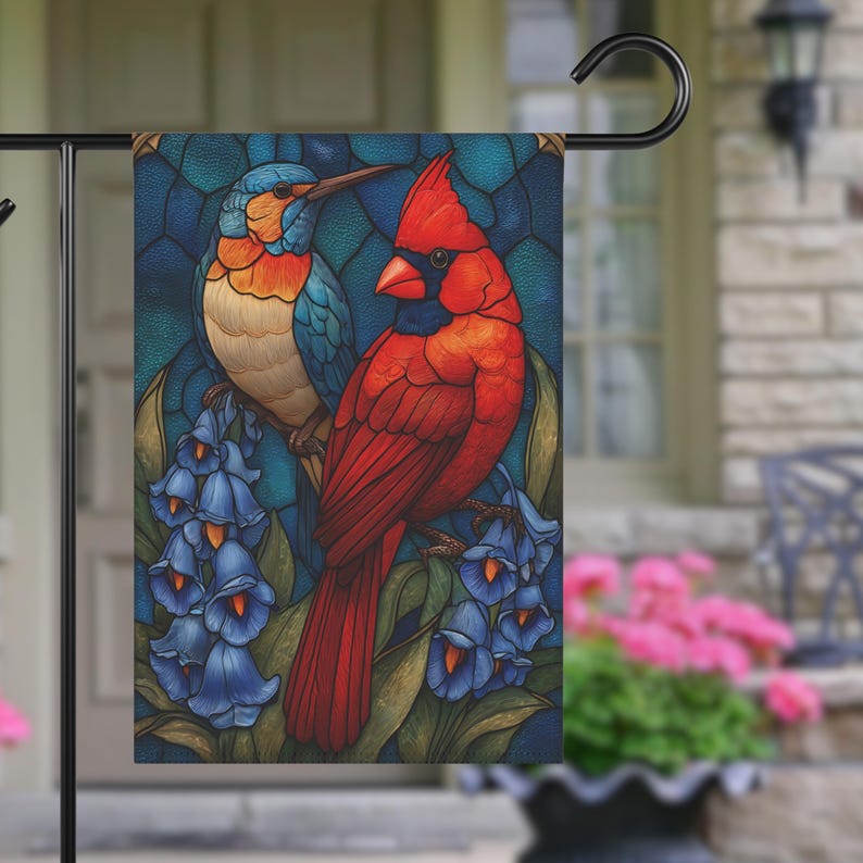 Stained Glass Hummingbird Cardinal Garden Flag: Botanical Garden ...